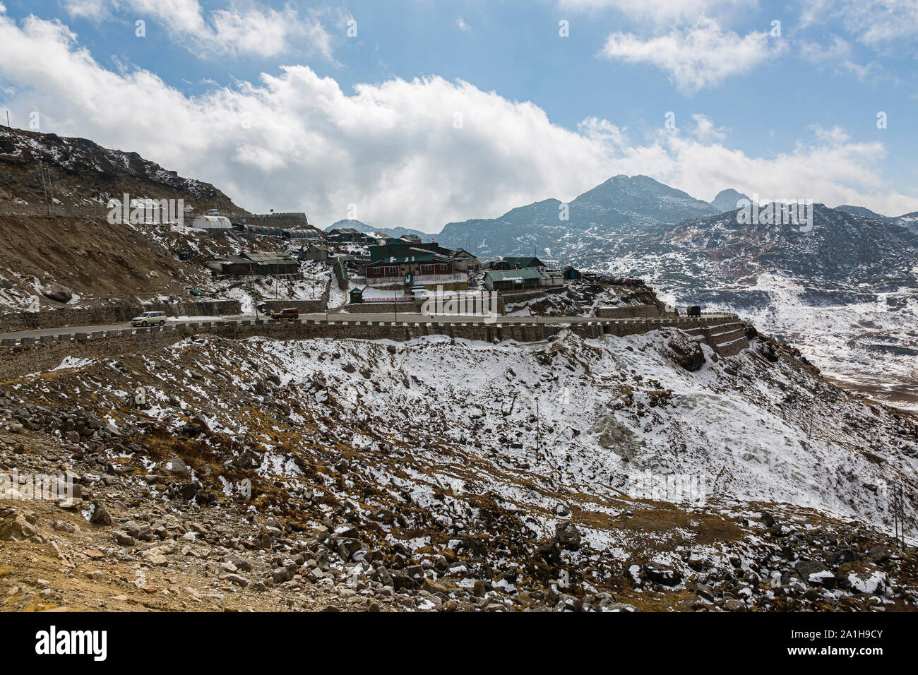 View of snow clad route leading to the Nathu La pass which is the ...