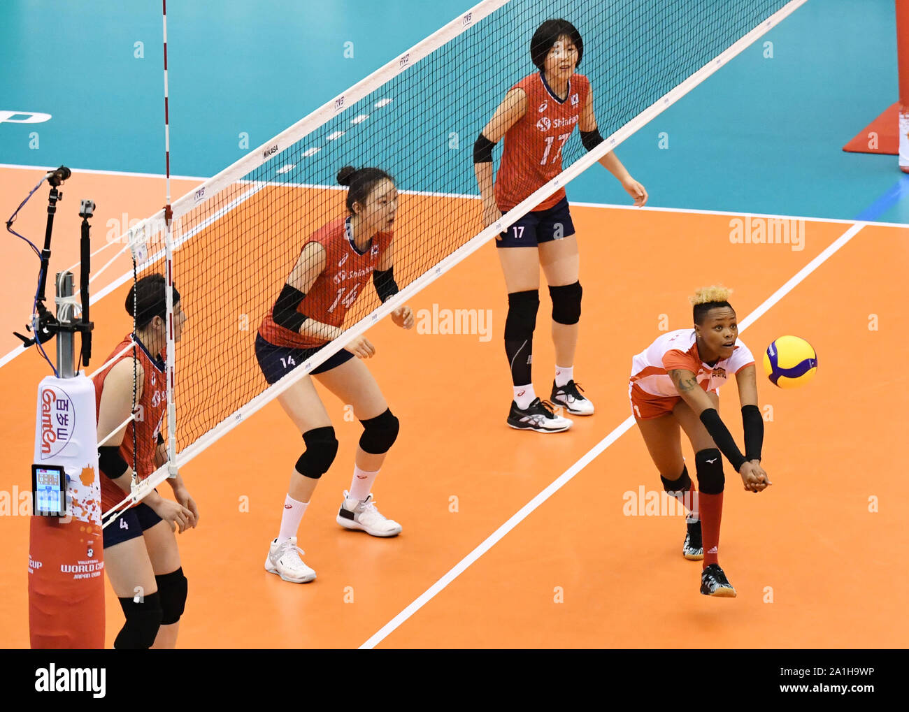 Osaka, Japan. 27th Sep, 2019. Janet Wanja (R) of Kenya passes the ball ...