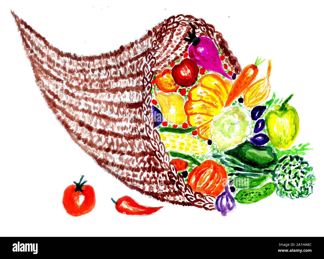 Hand drawn illustration of full cornucopia, thanksgiving background ...