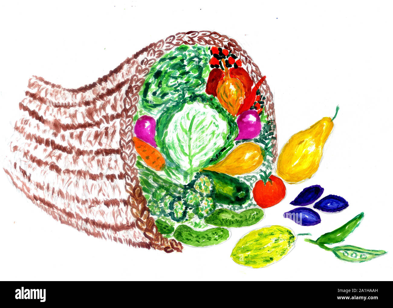 Hand drawn illustration of full cornucopia, thanksgiving background ...