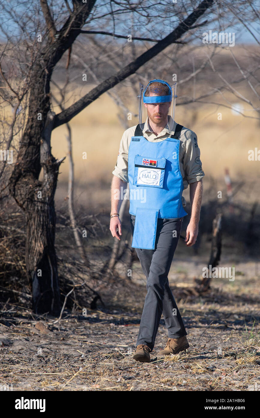The Duke of Sussex walks through a minefield in Dirico, Angola, during ...