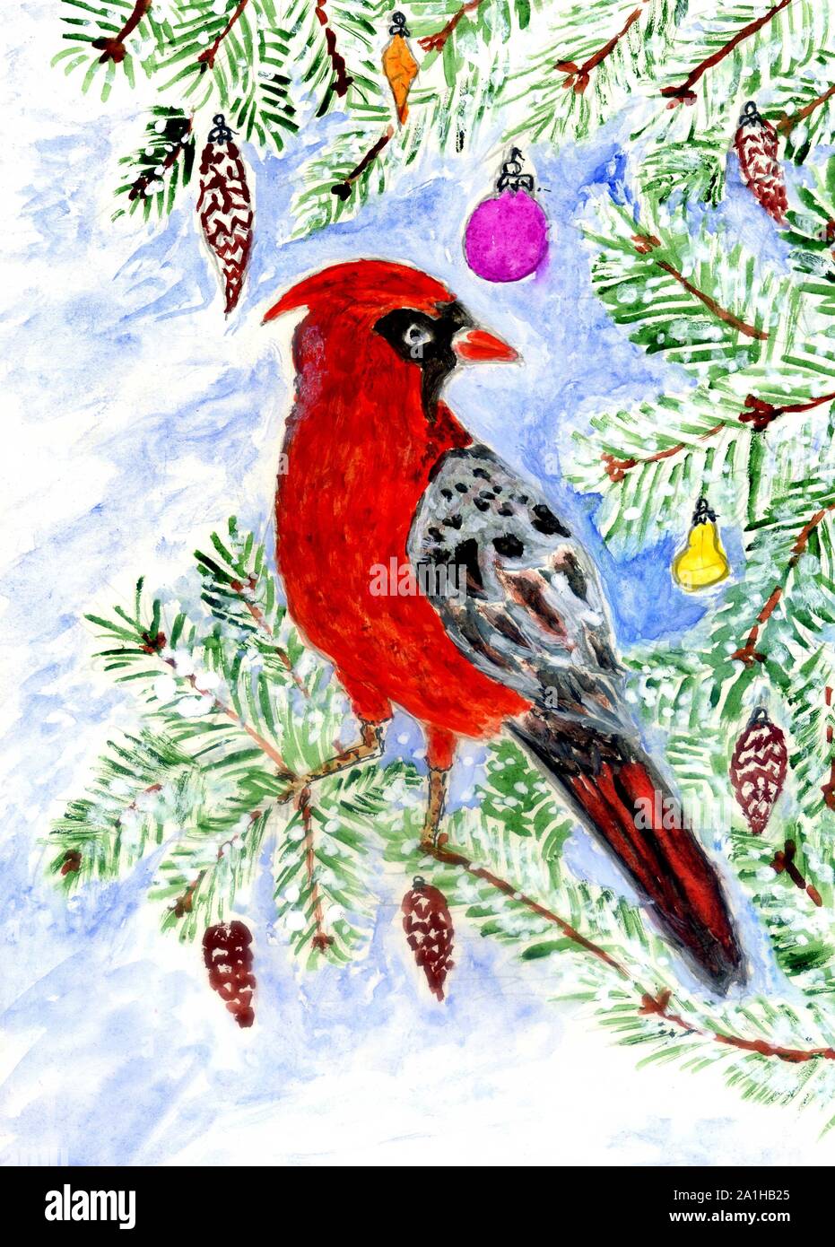 Cartoon red cardinal bird, illustration painted in watercolors Stock ...