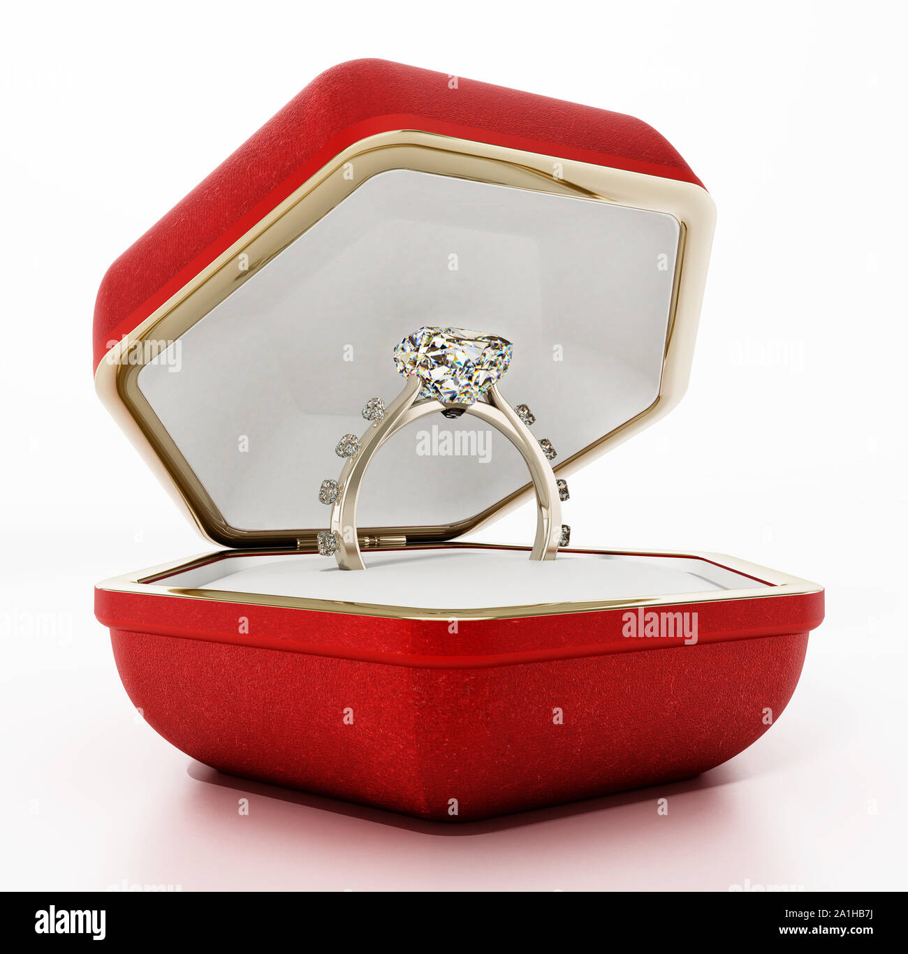 Wedding diamond ring standing in hexagonal box. 3D illustration Stock ...