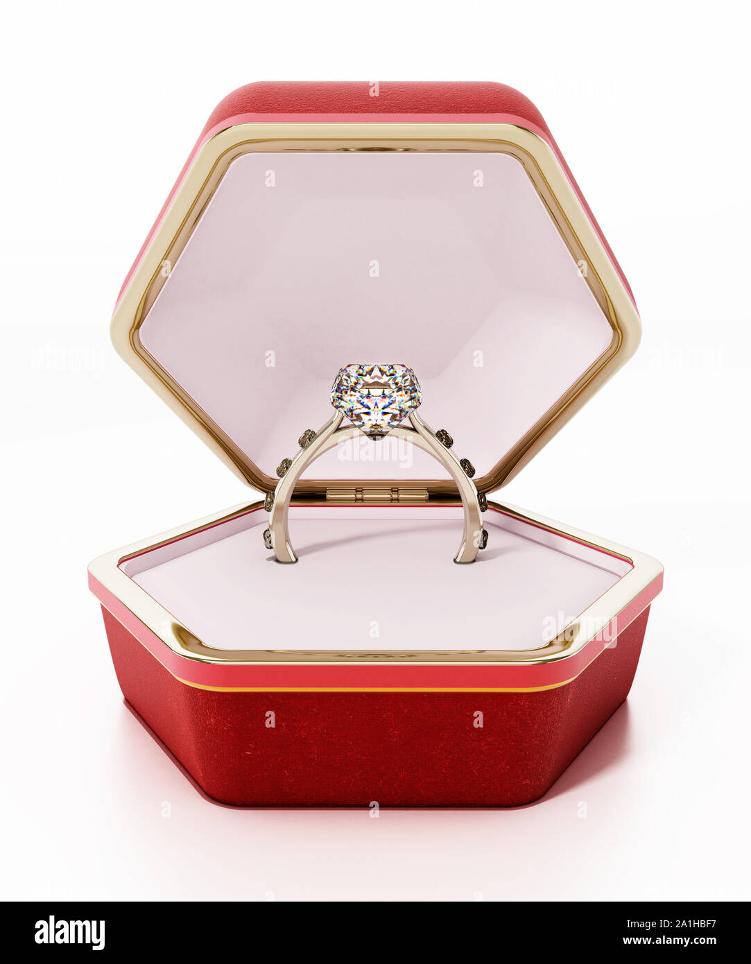 Wedding diamond ring standing in hexagonal box. 3D illustration Stock ...