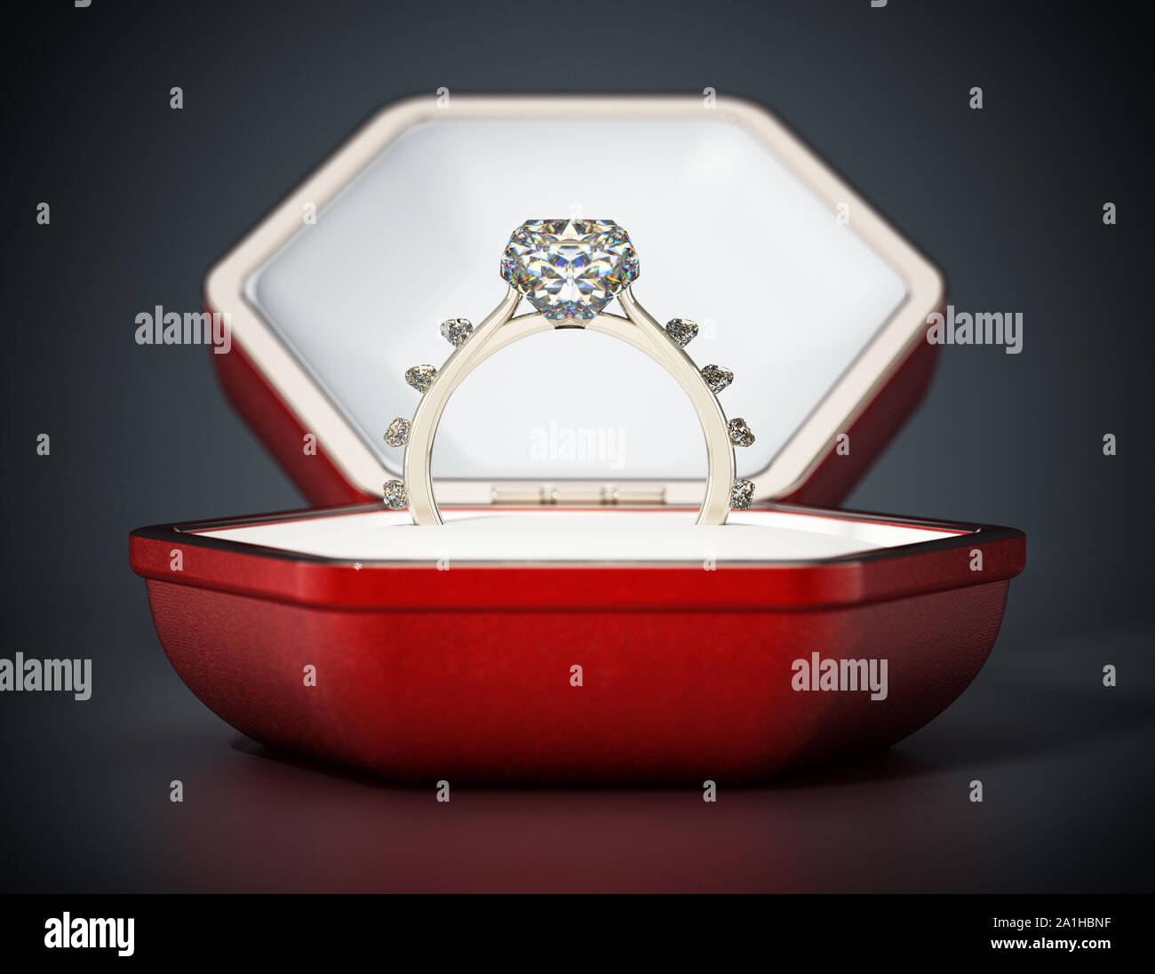 Wedding diamond ring standing in hexagonal box. 3D illustration Stock ...