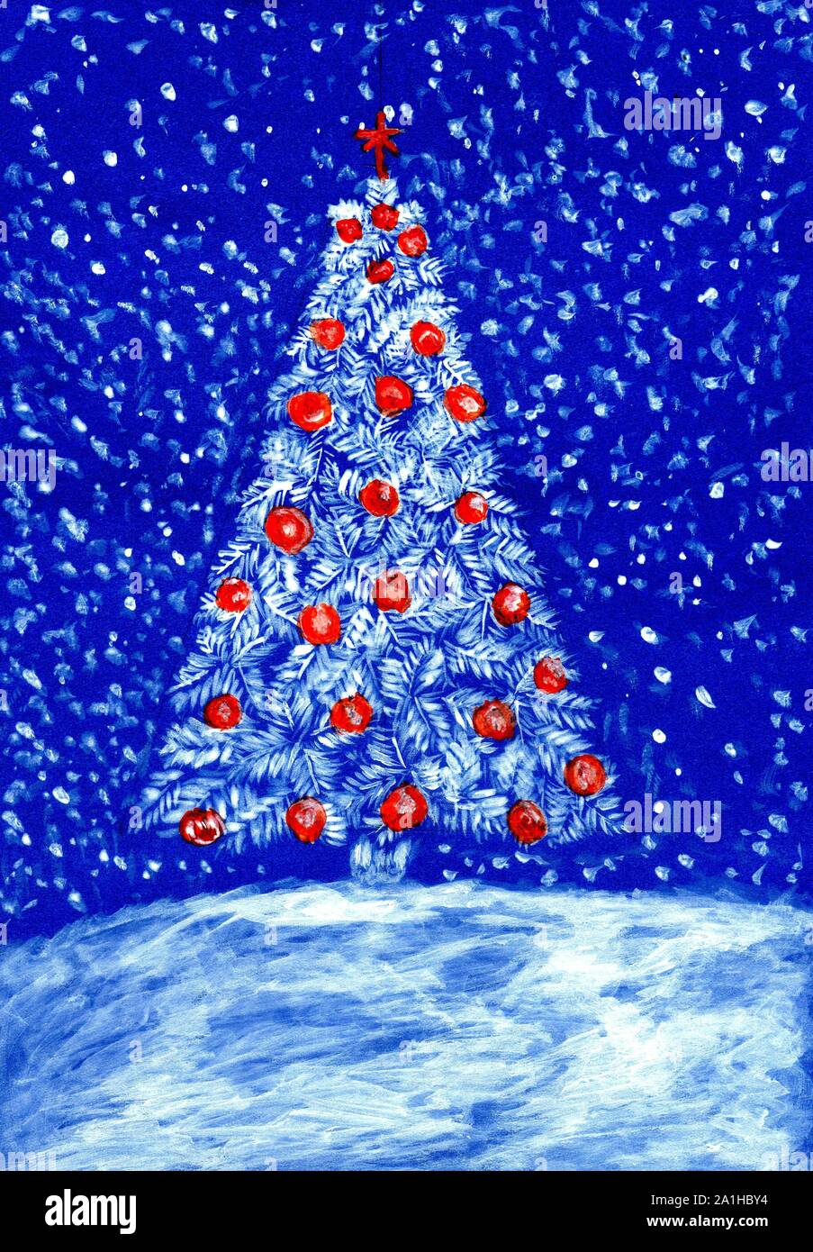 Decorative Christmas tree, hand drawn illustration, watercolor painting ...