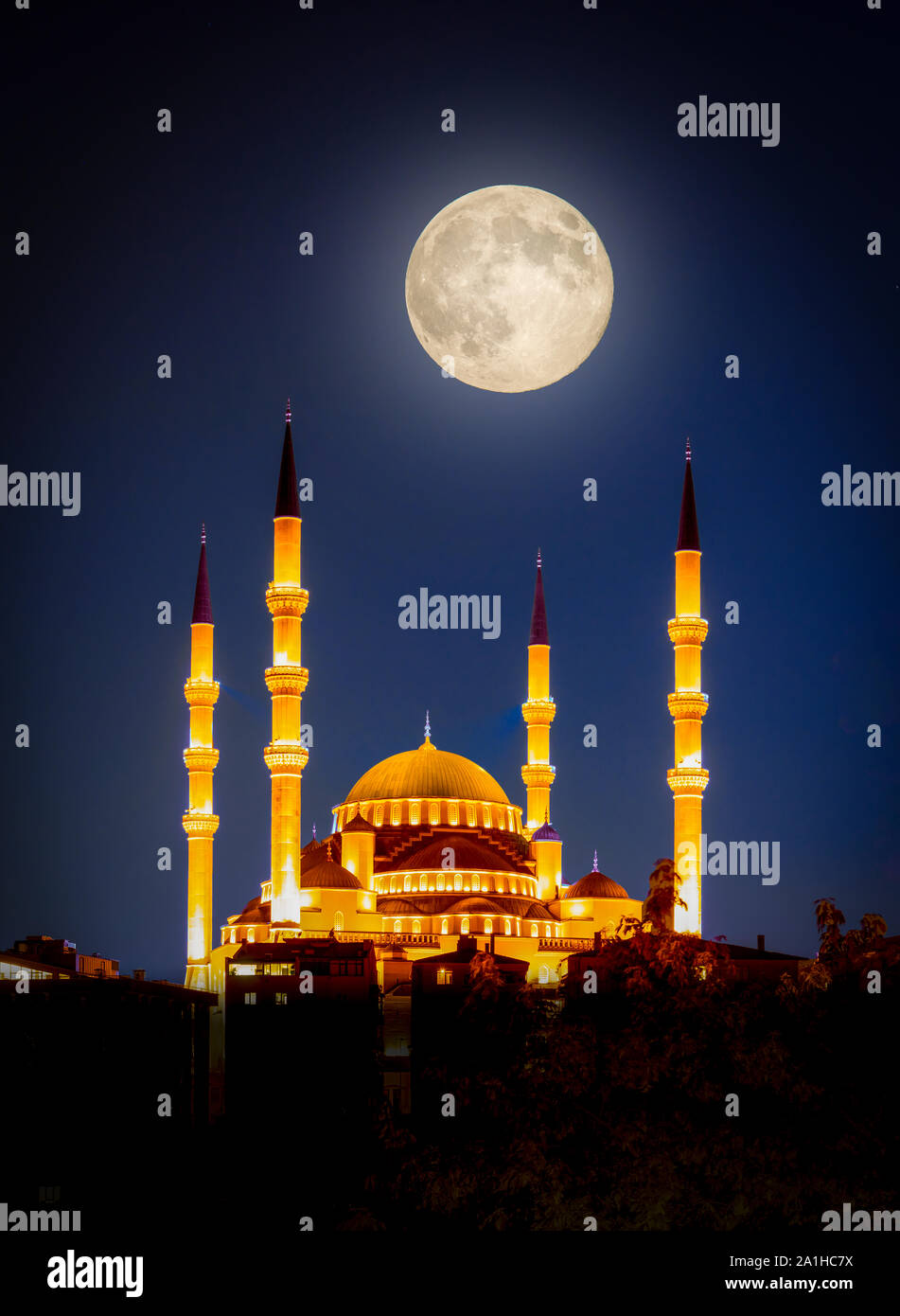 Kocatepe Mosque at night under full moon, Ankara, Turkey Stock Photo ...