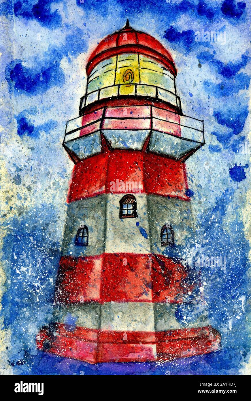 Watercolor painting of a red white lighthouse in the stormy sea Stock ...
