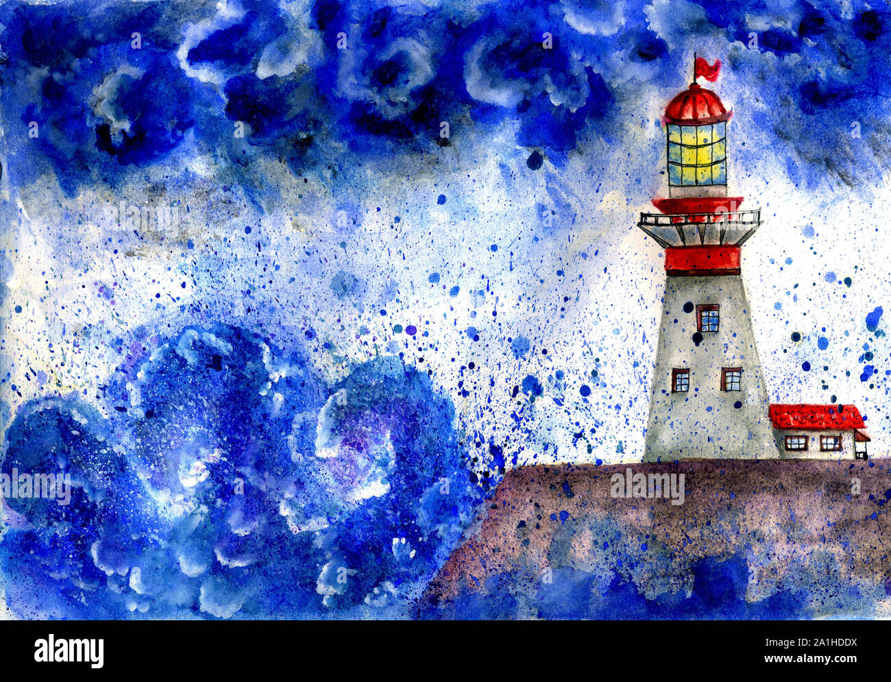 Watercolor painting of a red white lighthouse in the stormy sea Stock ...