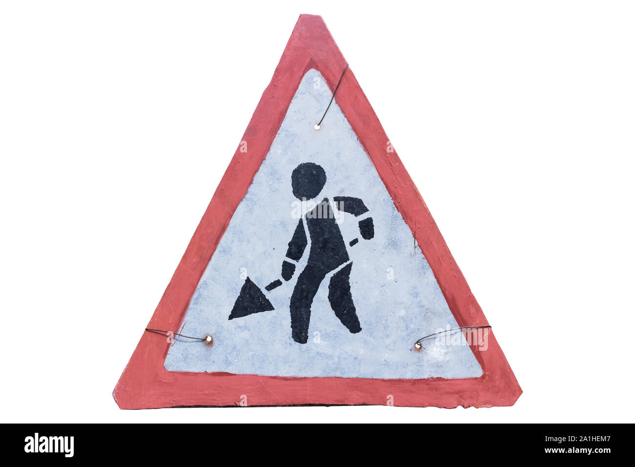 Handmade road sign 'Road works' isolated on white Stock Photo - Alamy