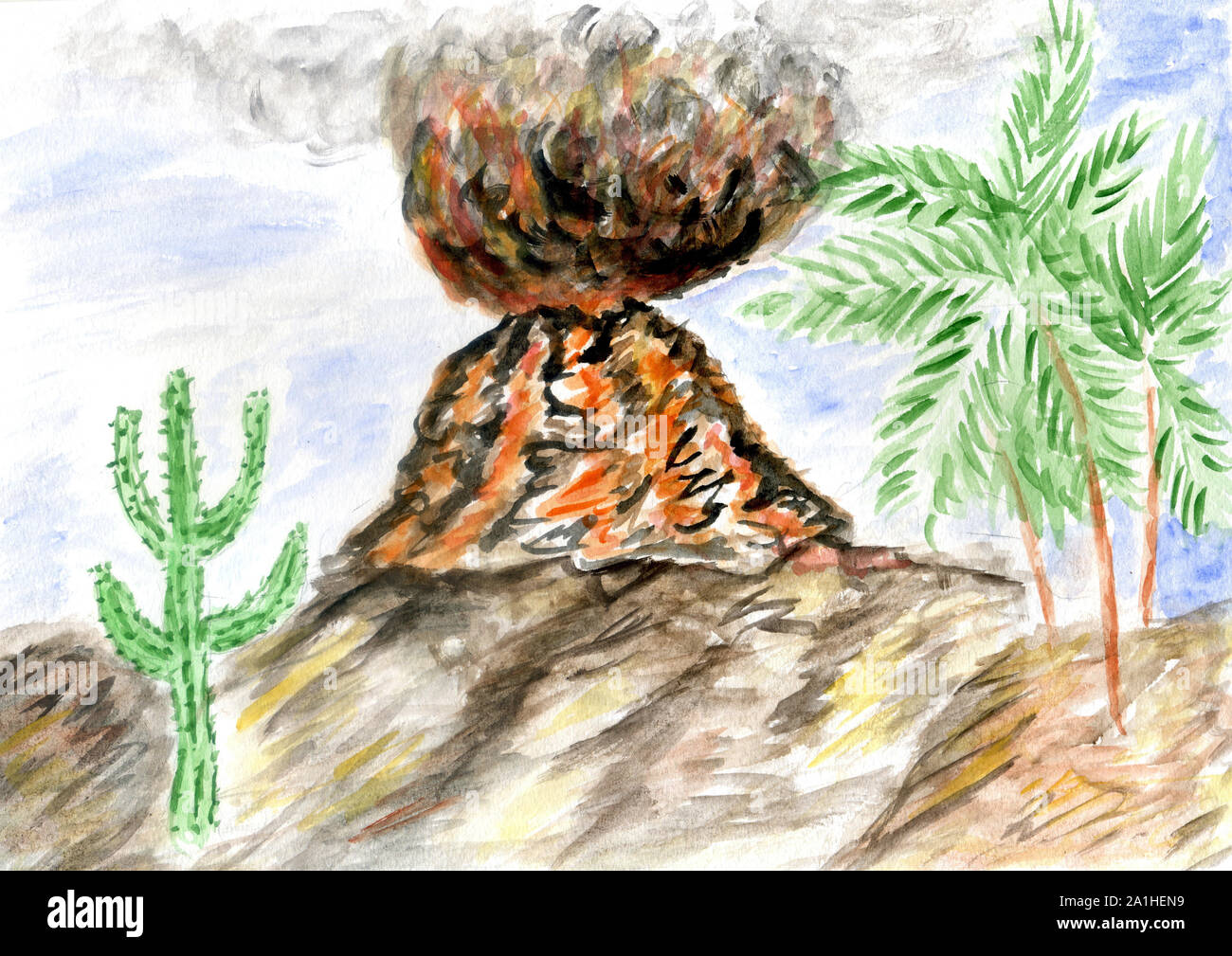 Hand drawn landscape with volcano eruption watercolor illustration ...
