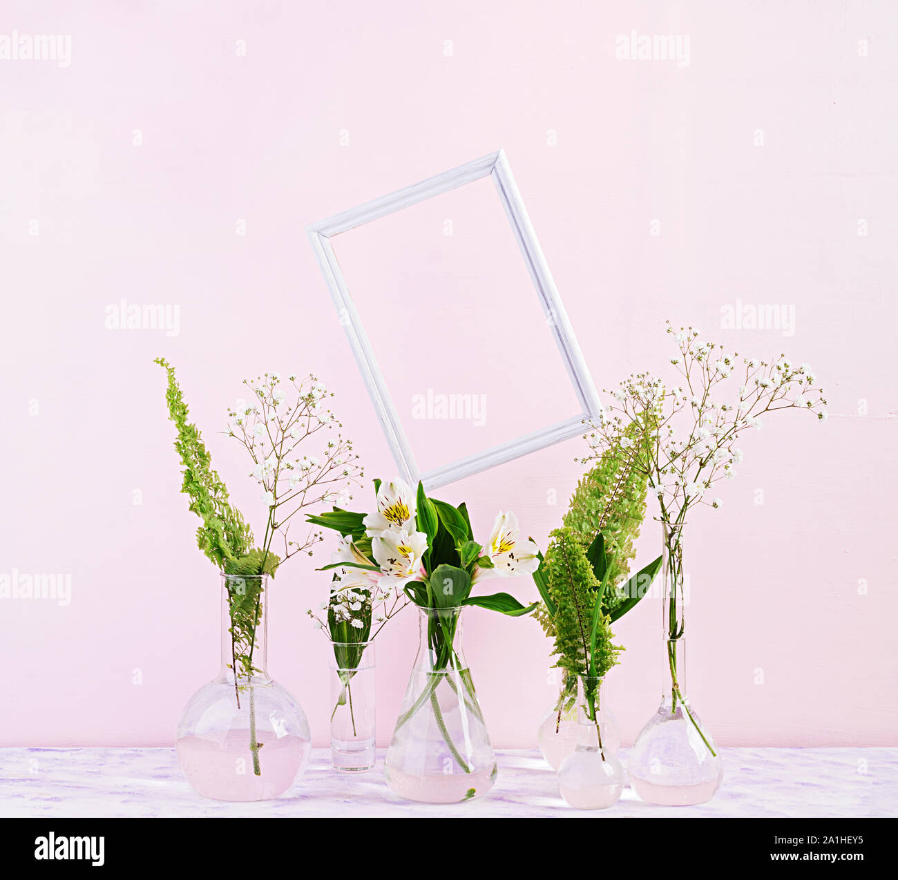 Flowers and plants in flask with frame. Beautiful spring background ...