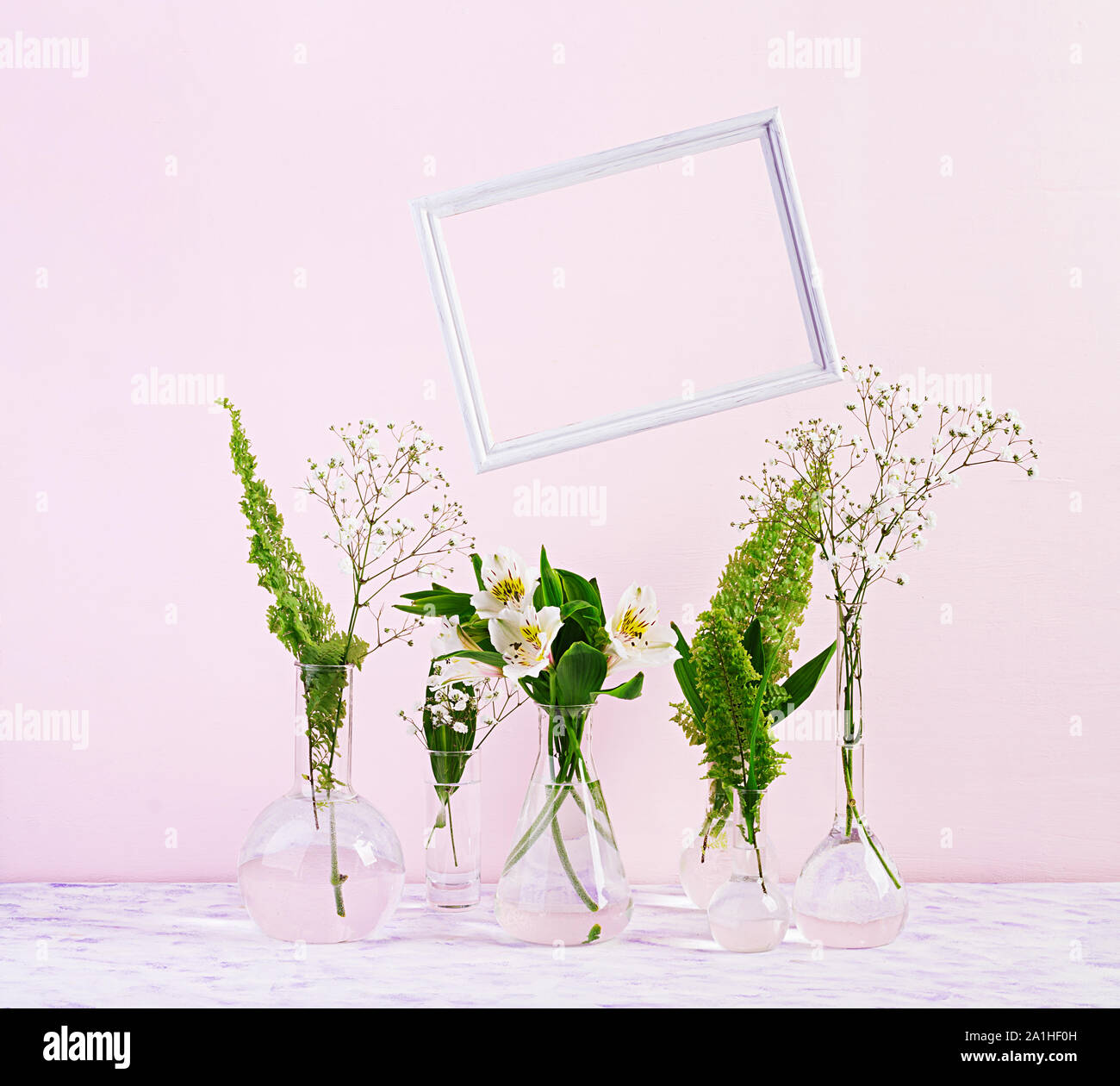 Flowers and plants in flask with frame. Beautiful spring background ...