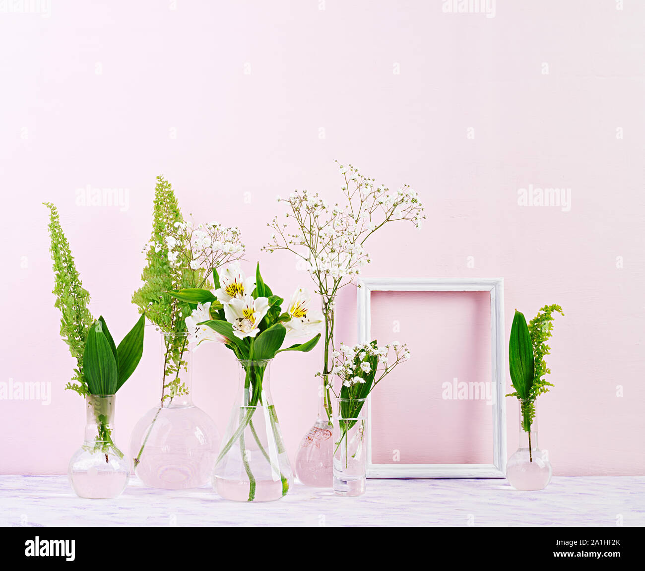 Flowers and plants in flask with frame. Beautiful spring background ...