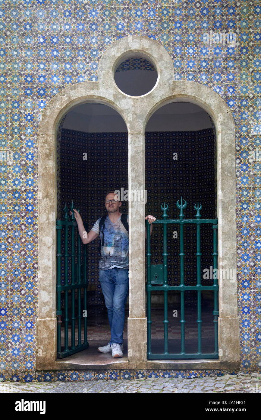 Small Moorish Structure with Visitor at Palacio da Pena Grounds in ...