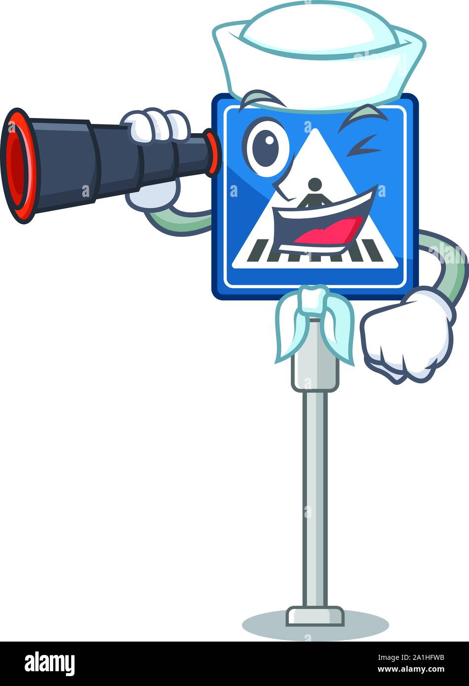Sailor with binocular miniature crosswalk sign in form mascot Stock ...