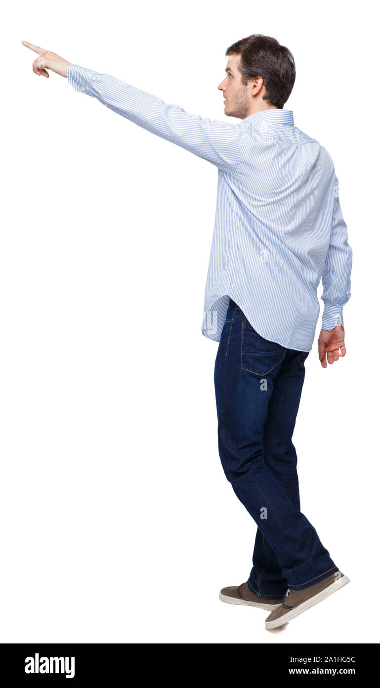 Back view of a man walking with a pointing hand. going guy showing ...