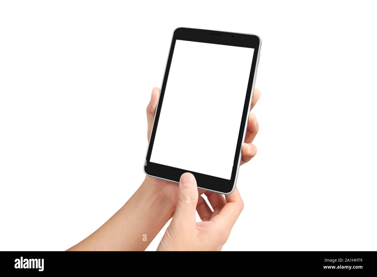 Hands holding tablet computer gadget with isolated, touch screen ...