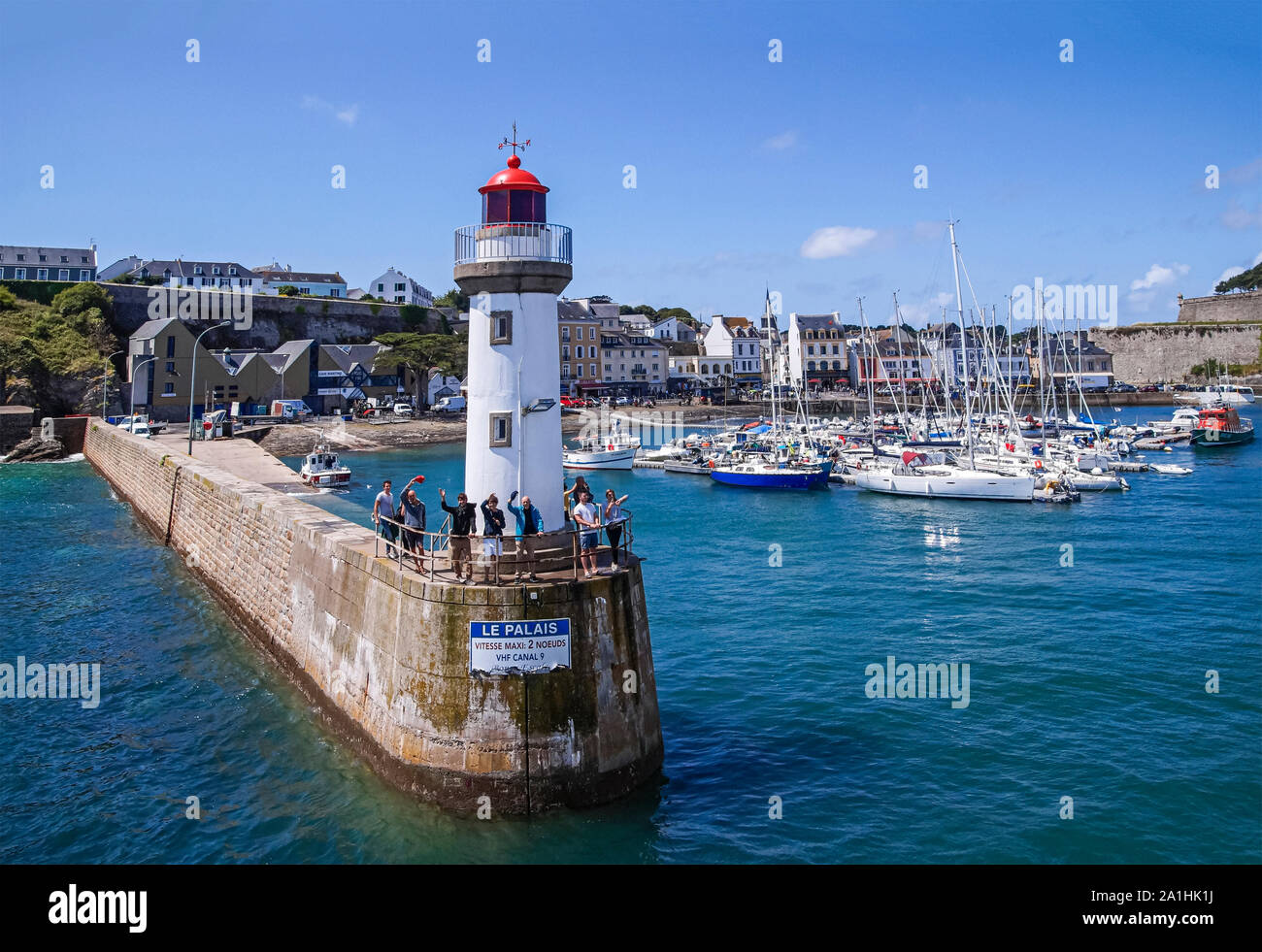 Pier at entrance to Harbour area of Le Palais on Island of Belle-Ile-en ...