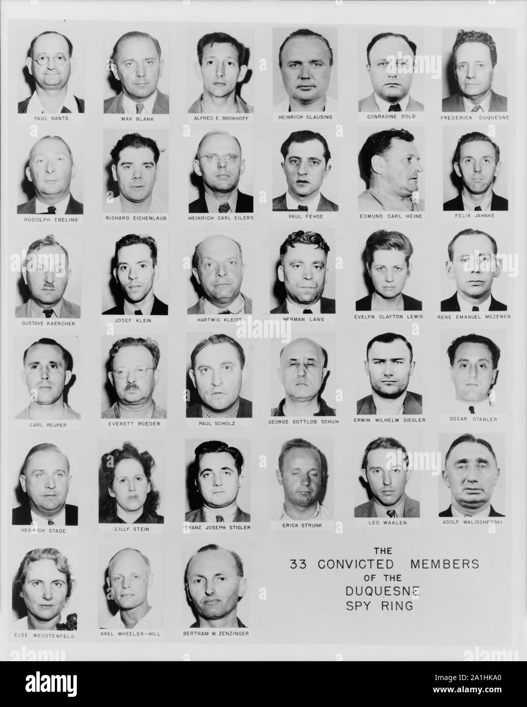 Thirty-three mug shot portraits of the Dusquesne spy ring; Duquesne is ...