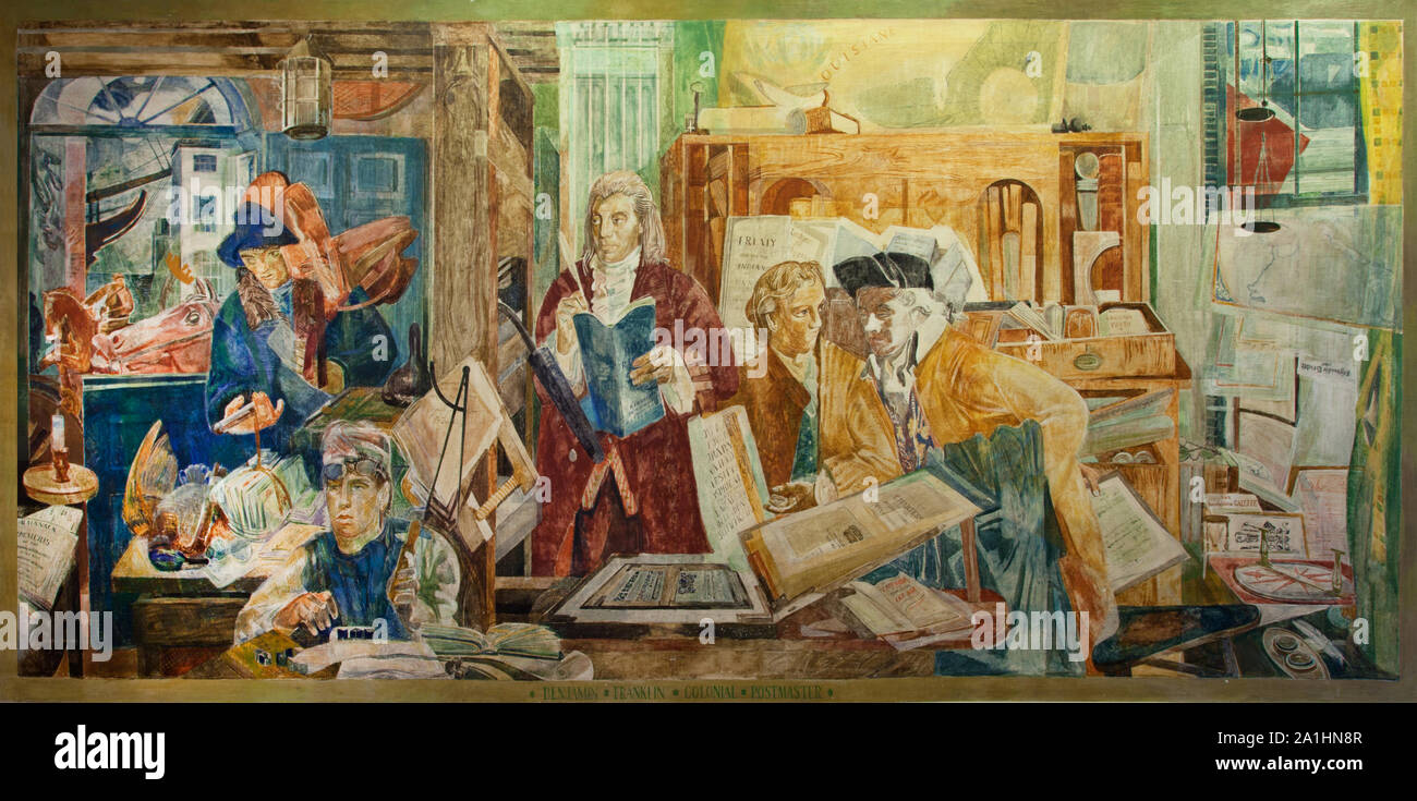 Mural Ben Franklin, colonial postmaster, by George Harding at the Ariel ...