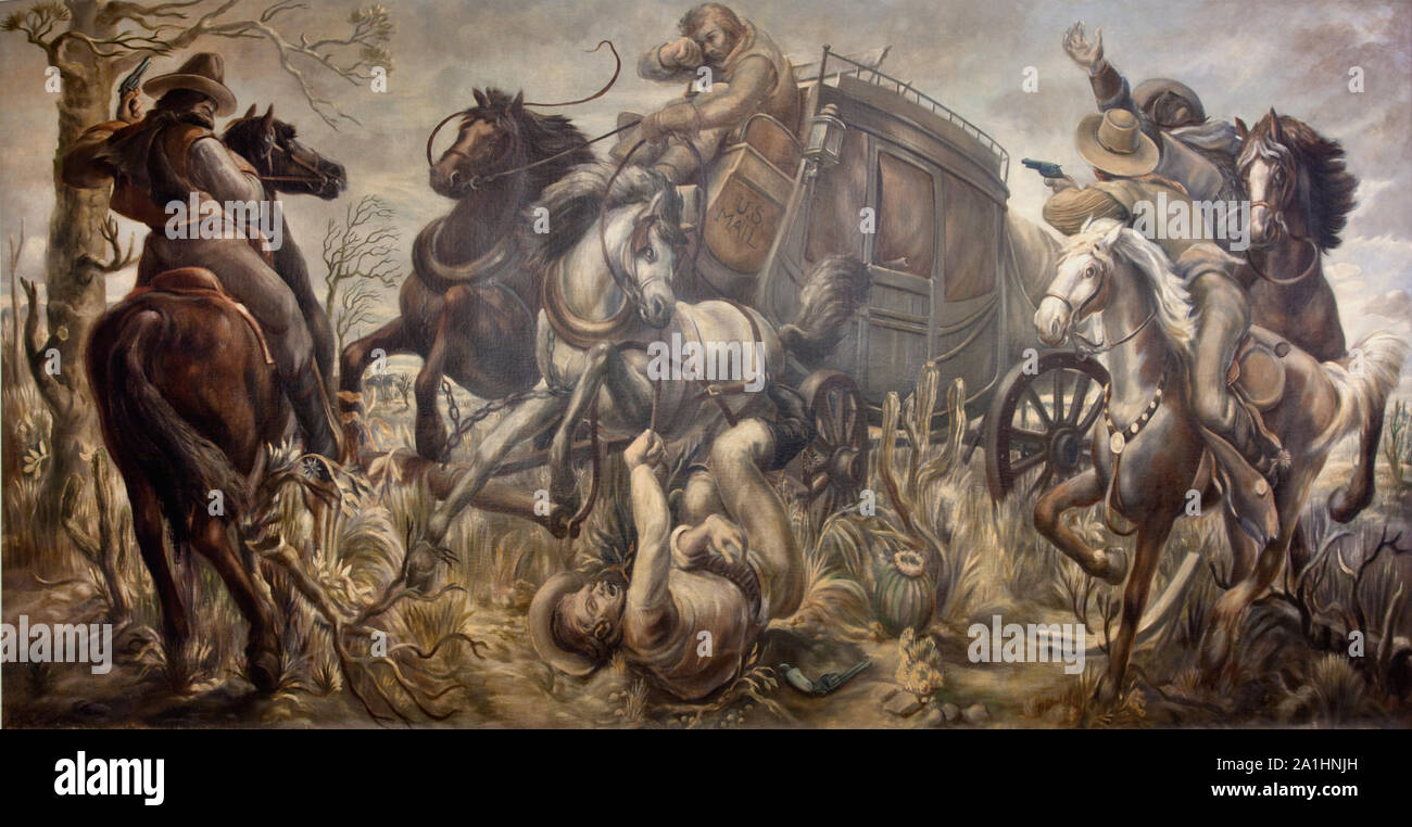 Mural Mail coach attacked by bandits, by William C. Palmer at the Ariel ...