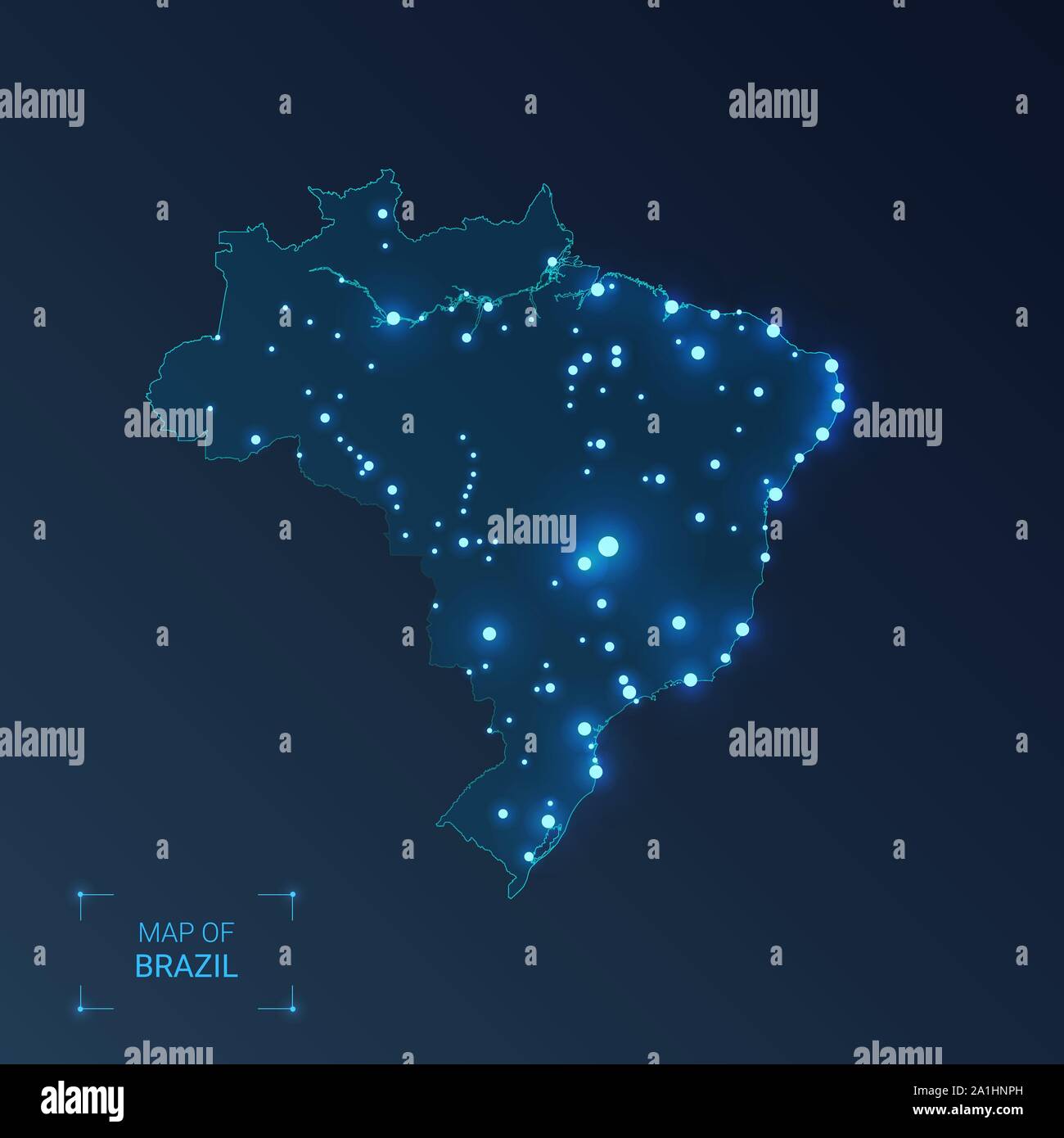 Brazil map with cities. Luminous dots - neon lights on dark background ...
