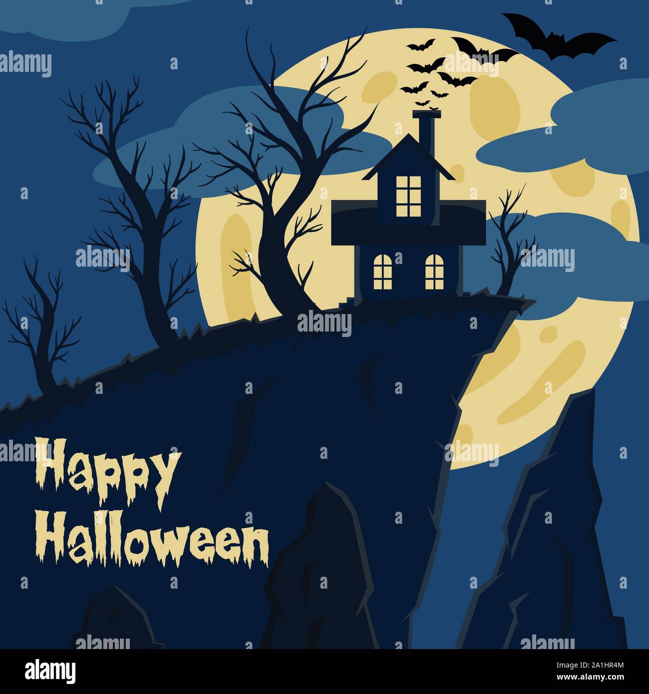 vampire house at cliff edge vector illustration with moon and bat for ...
