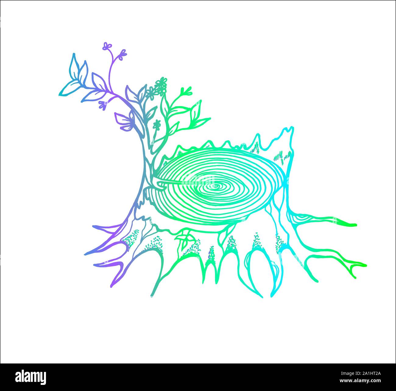 Color pattern of stump drawing with new leaves. Old tree pattern Stock ...