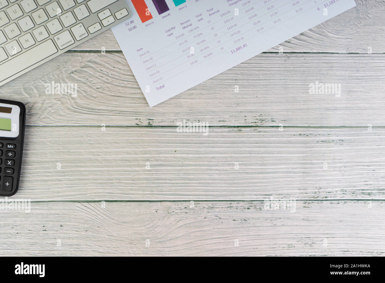 Flat lay view of office workspace with keyboard, pen, paperwork on ...