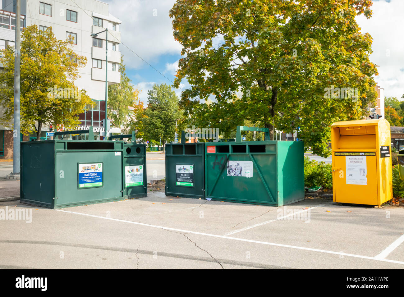 Kouvola, Finland - 22 September, 2019: Containers for sorting garbage ...