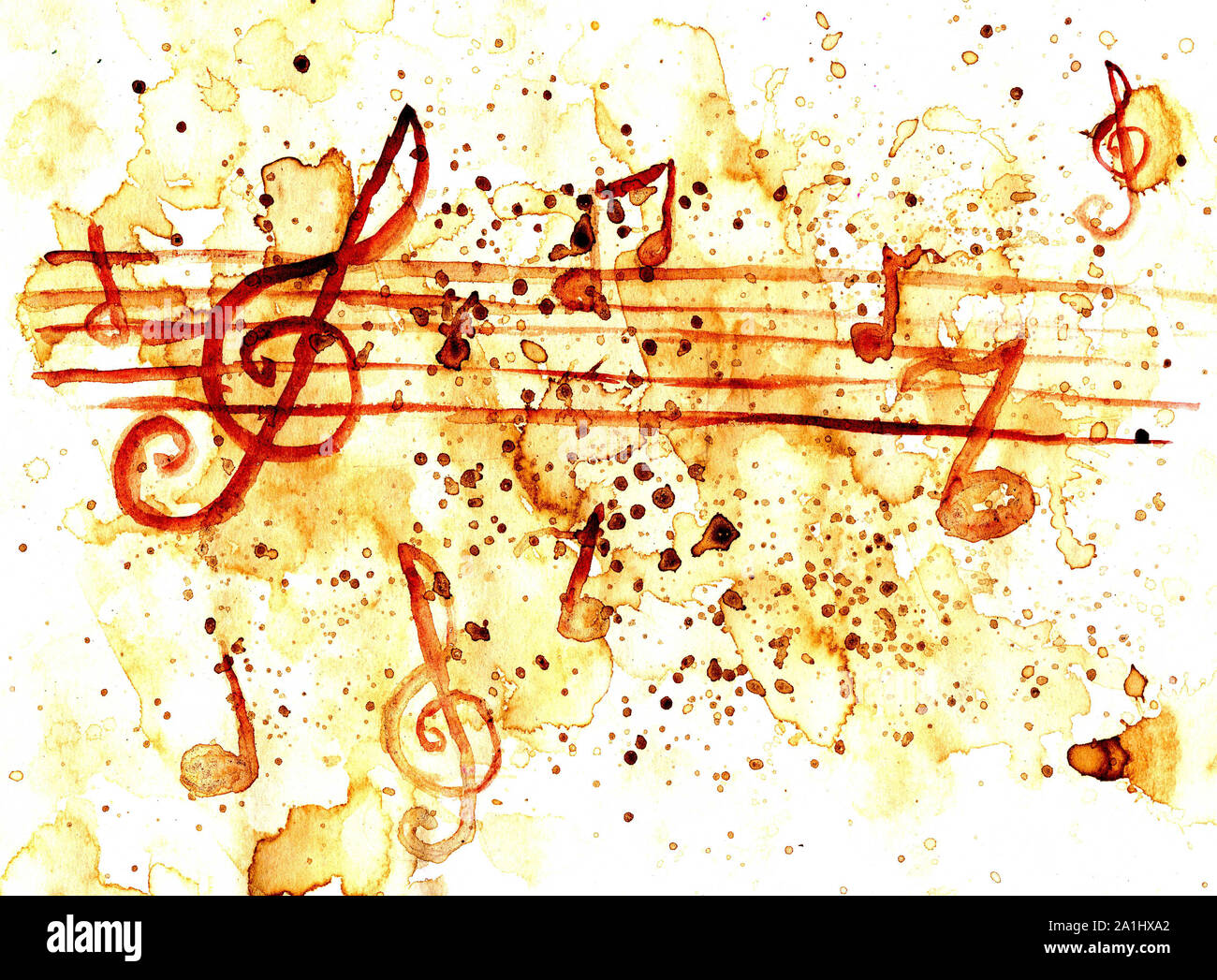 Grunge paper with coffee stains and music notes painted in watercolors ...