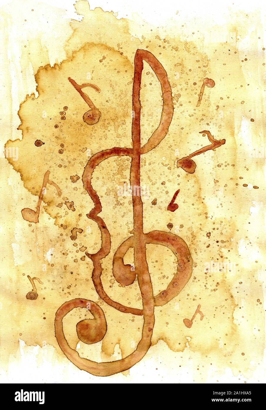 Grunge paper with coffee stains and music notes painted in watercolors ...