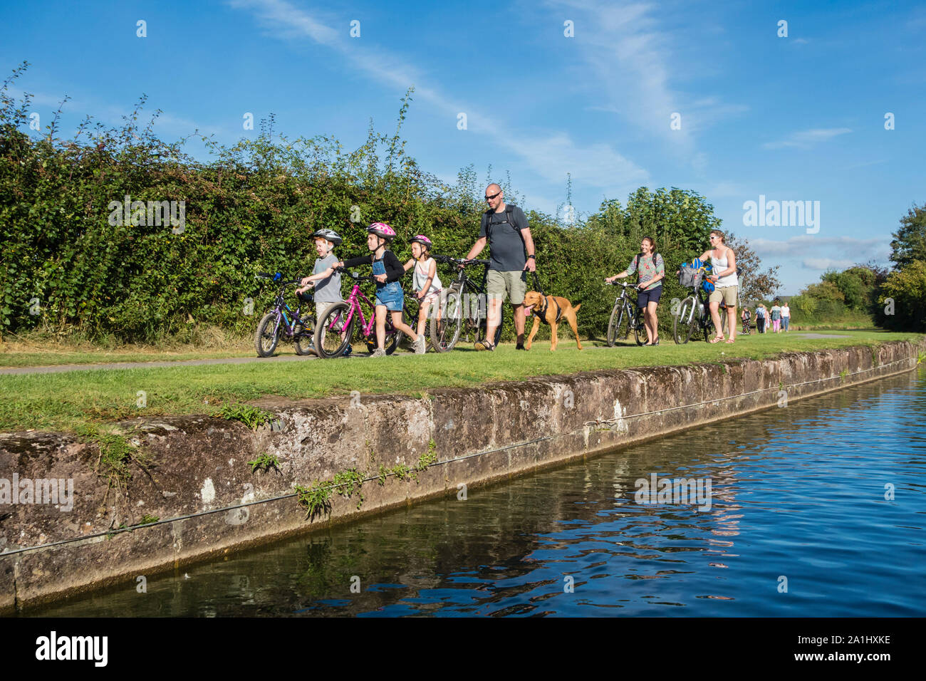 A Family cycling on the Grand Western Canal Towpath, Devon, England, UK ...