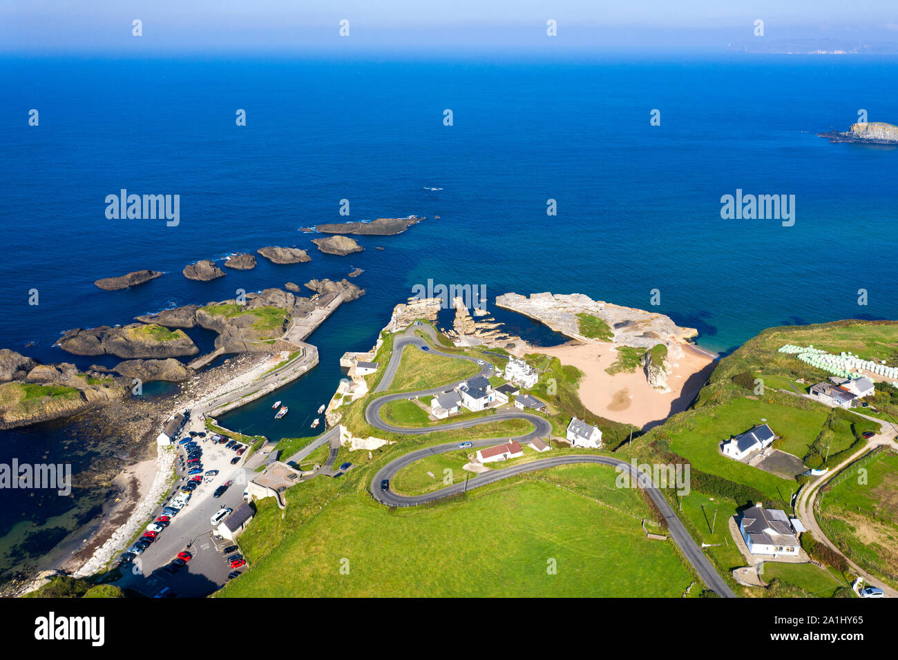 Aerial of Ballintoy Harbour on the Causeway Coast in County Antrim ...
