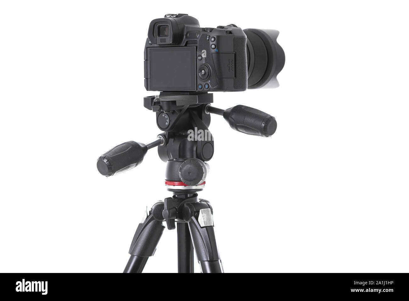 Backside view of modern multifunctional black camera on trepied ...