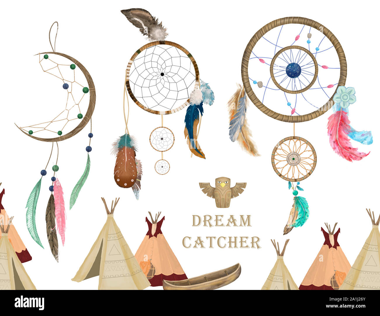 Hand drawn Native American Indian talisman dreamcatcher with feathers ...