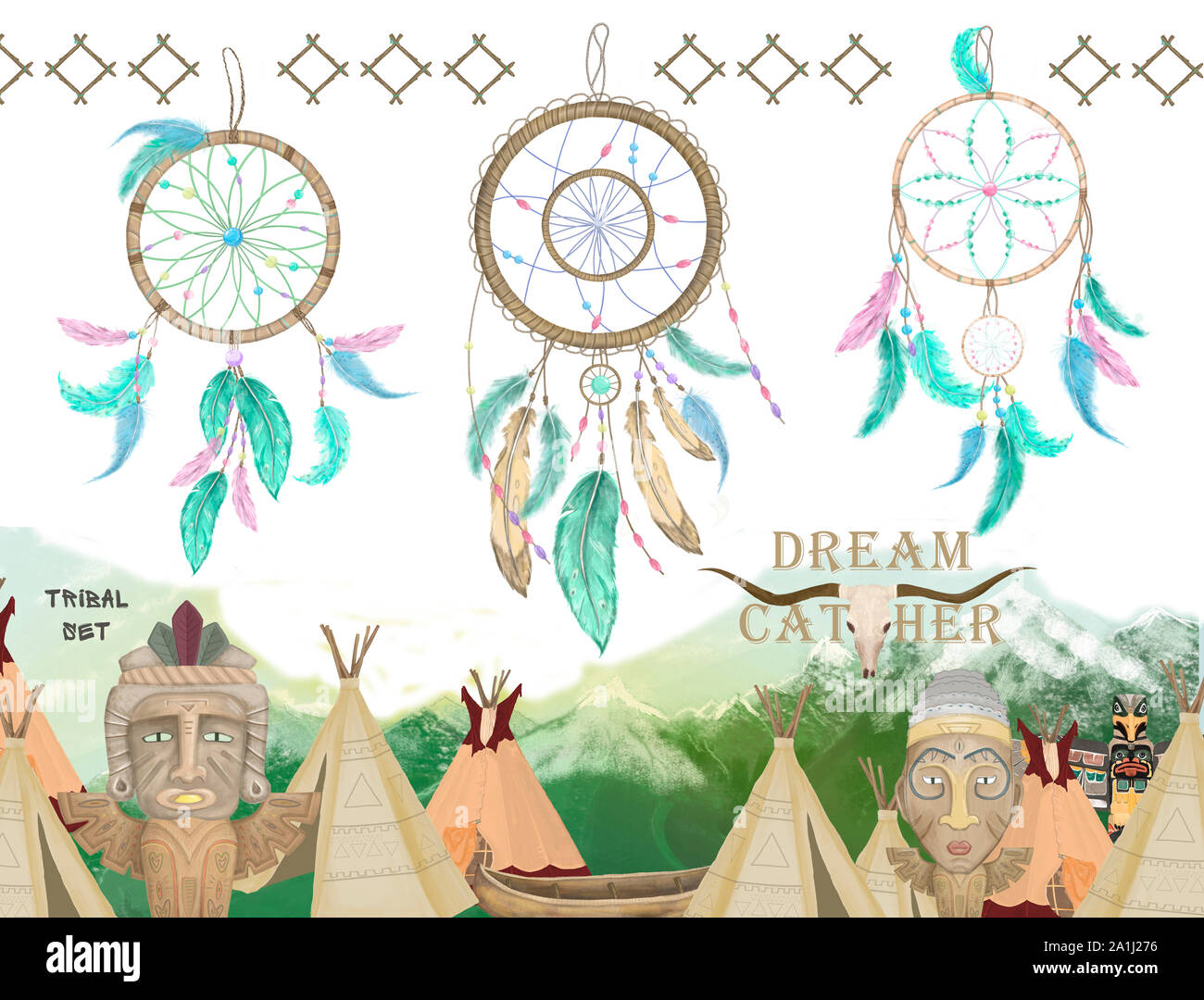 Hand drawn Native American Indian talisman dreamcatcher with feathers ...