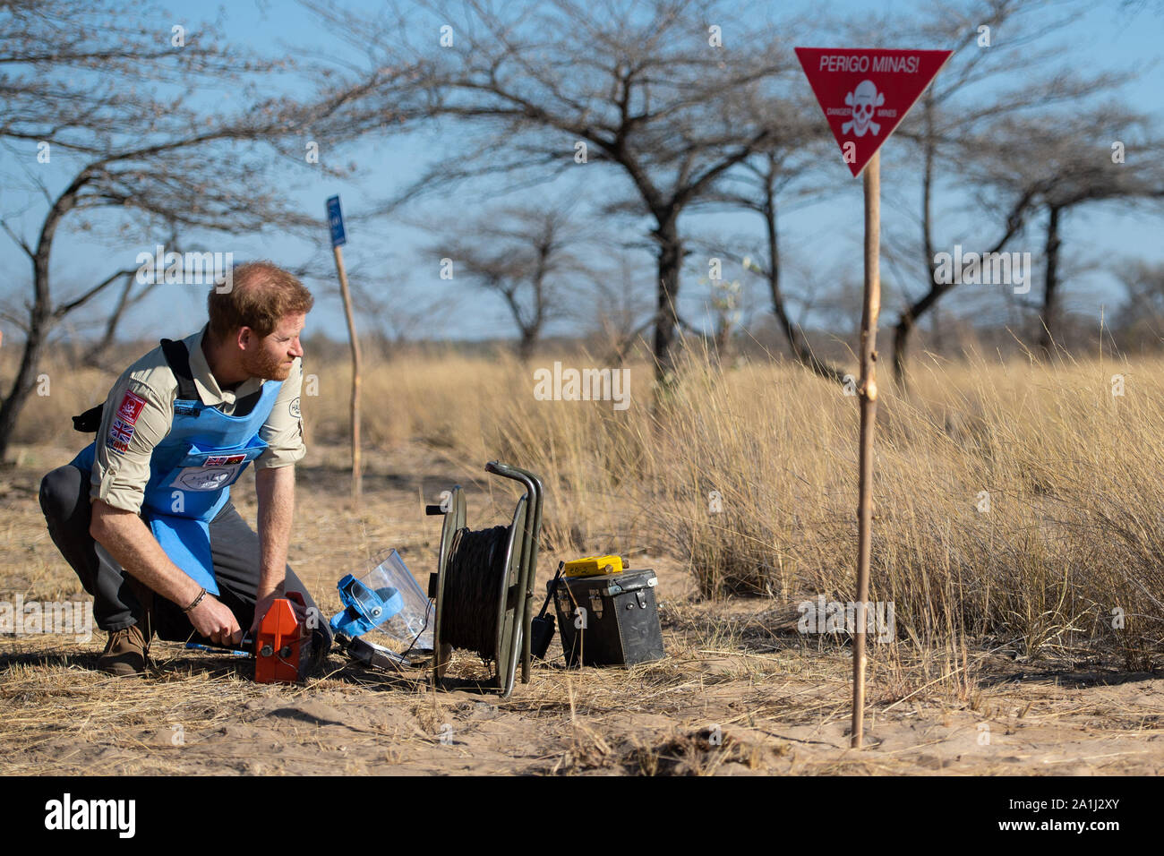 The Duke of Sussex remotely detonates a landmine as part of a visit to ...