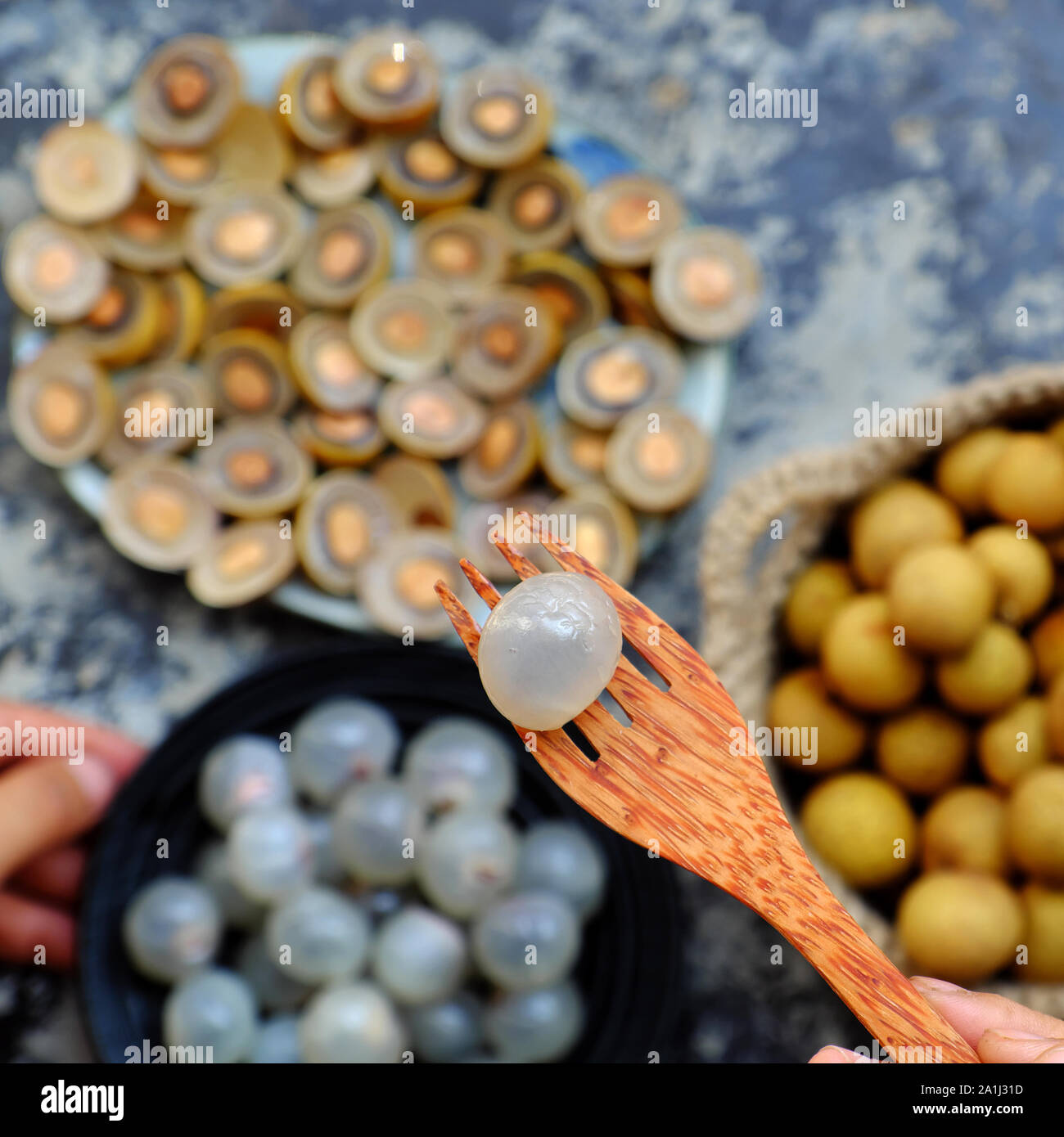 Top view Vietnamese tropical sweet, watery pulp fruit, close up Longan ...