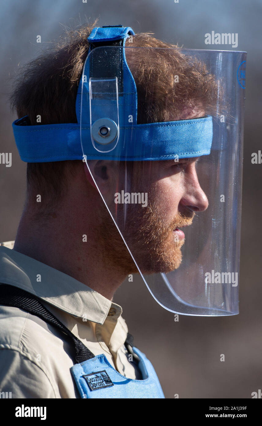 The Duke of Sussex walks through a minefield in Dirico, Angola, during ...