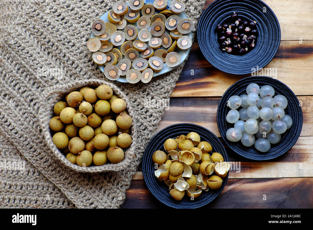 Top view Vietnamese tropical sweet, watery pulp fruit, Longan fruits ...