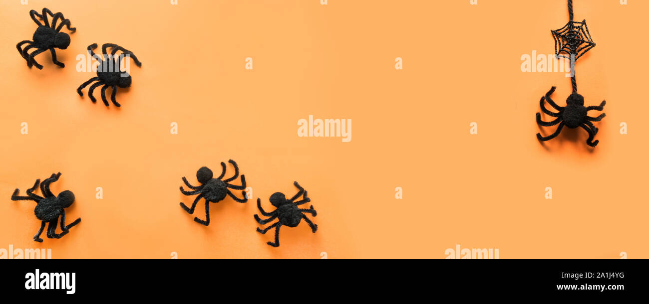 Halloween holiday banner with black spiders, web on orange. Flat lay ...