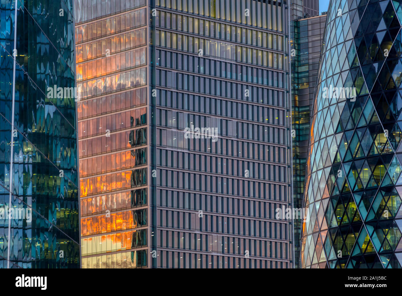 The Scalpel, The Heron Tower and The Gherkin, tight shot of the facades ...