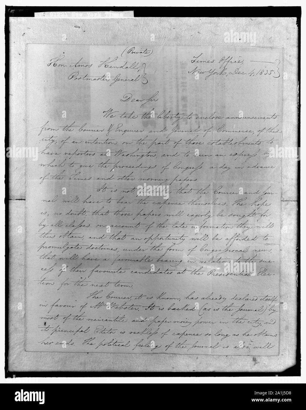 NEW YORK TIMES. 1835 LETTER Stock Photo - Alamy