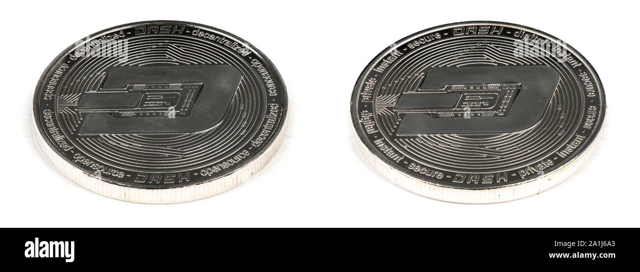 Face and back side of the crypto currency silver dash isolated on white ...