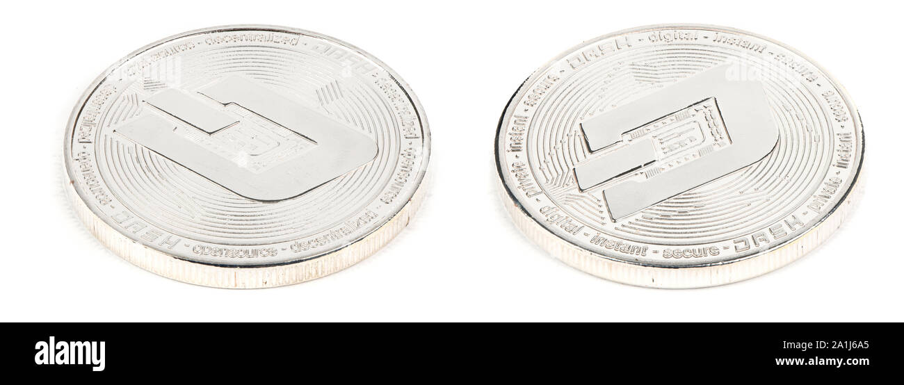 Face and back side of the crypto currency silver dash isolated on white ...