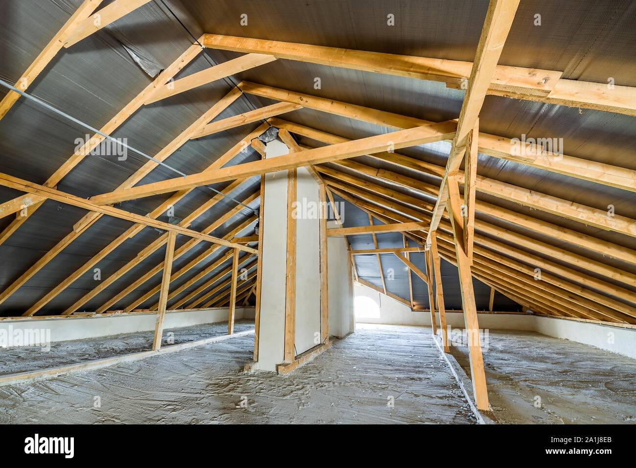 Attic of a building with wooden beams of a roof structure Stock Photo ...