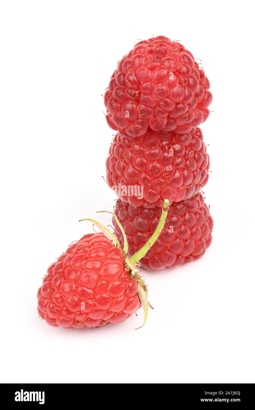 Four red raspberry berries isolated on white background. High ...