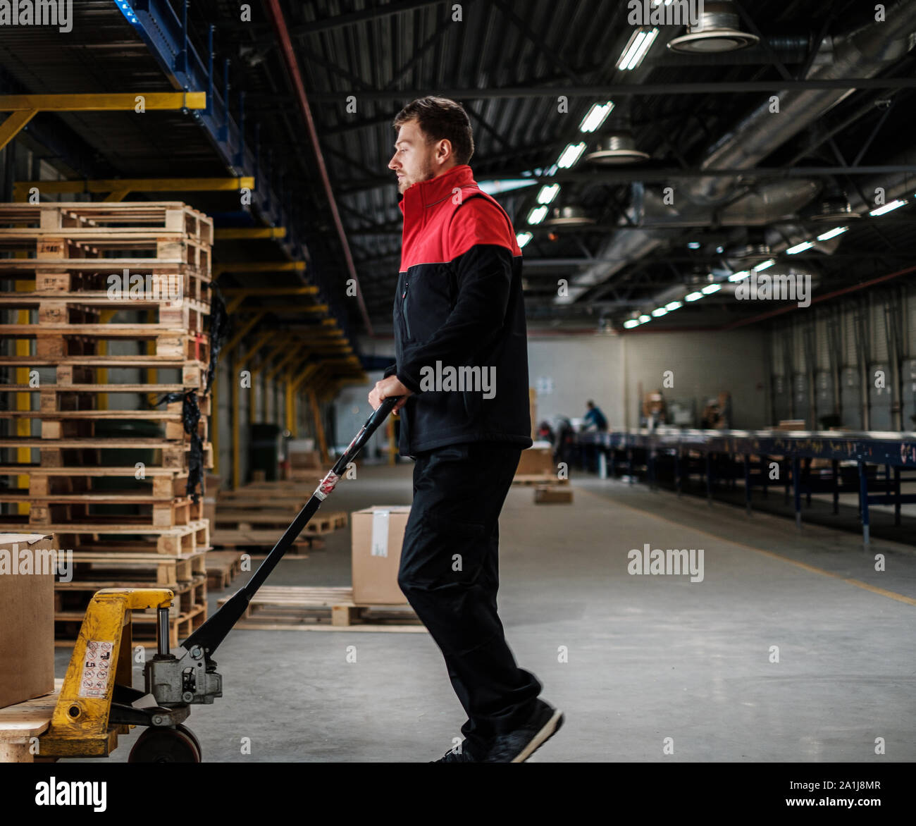 Warehouse worker with a pallet rack Stock Photo - Alamy